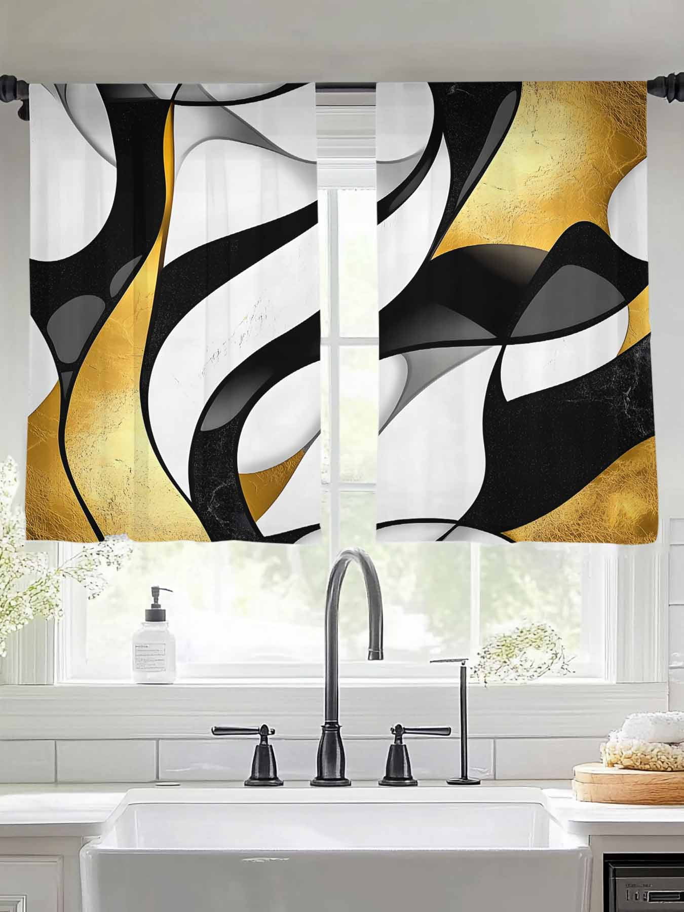 Black Gold Line Sheer Curtains 45 Inches Long 2 Panels Metallic Texture ...