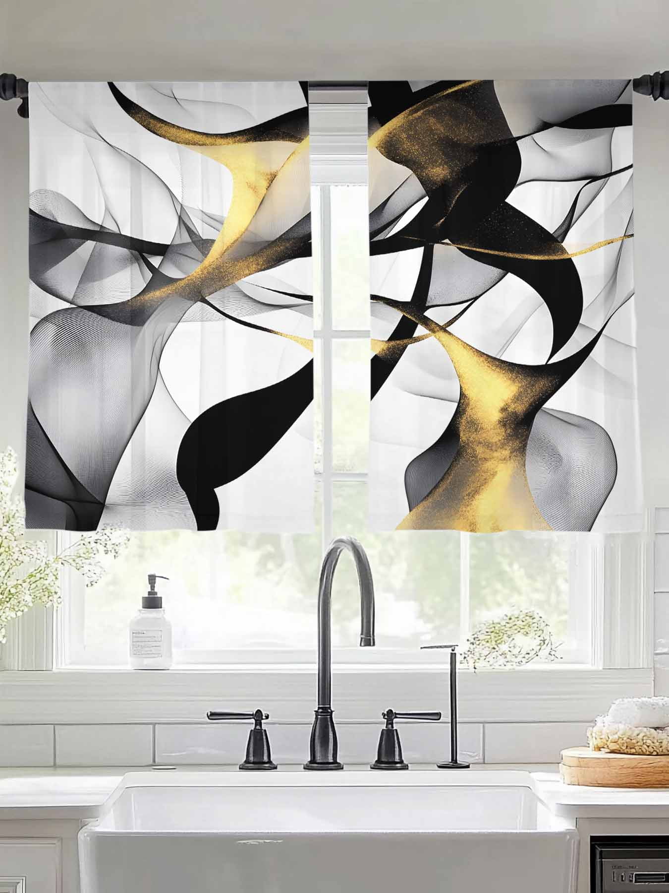 Black Gold Line Sheer Curtains 54 Inches Long 2 Panels Abstract ...