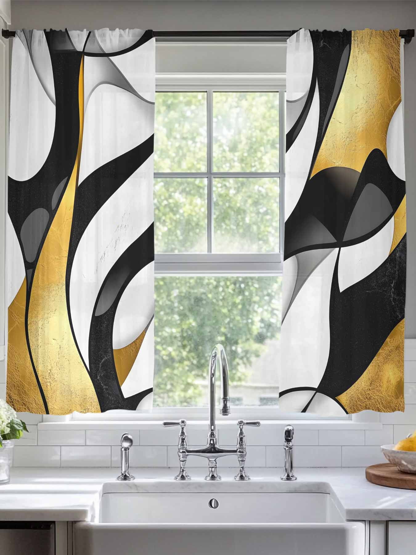 Black Gold Line Sheer Curtains 72 Inches Long 2 Panels Metallic Texture ...