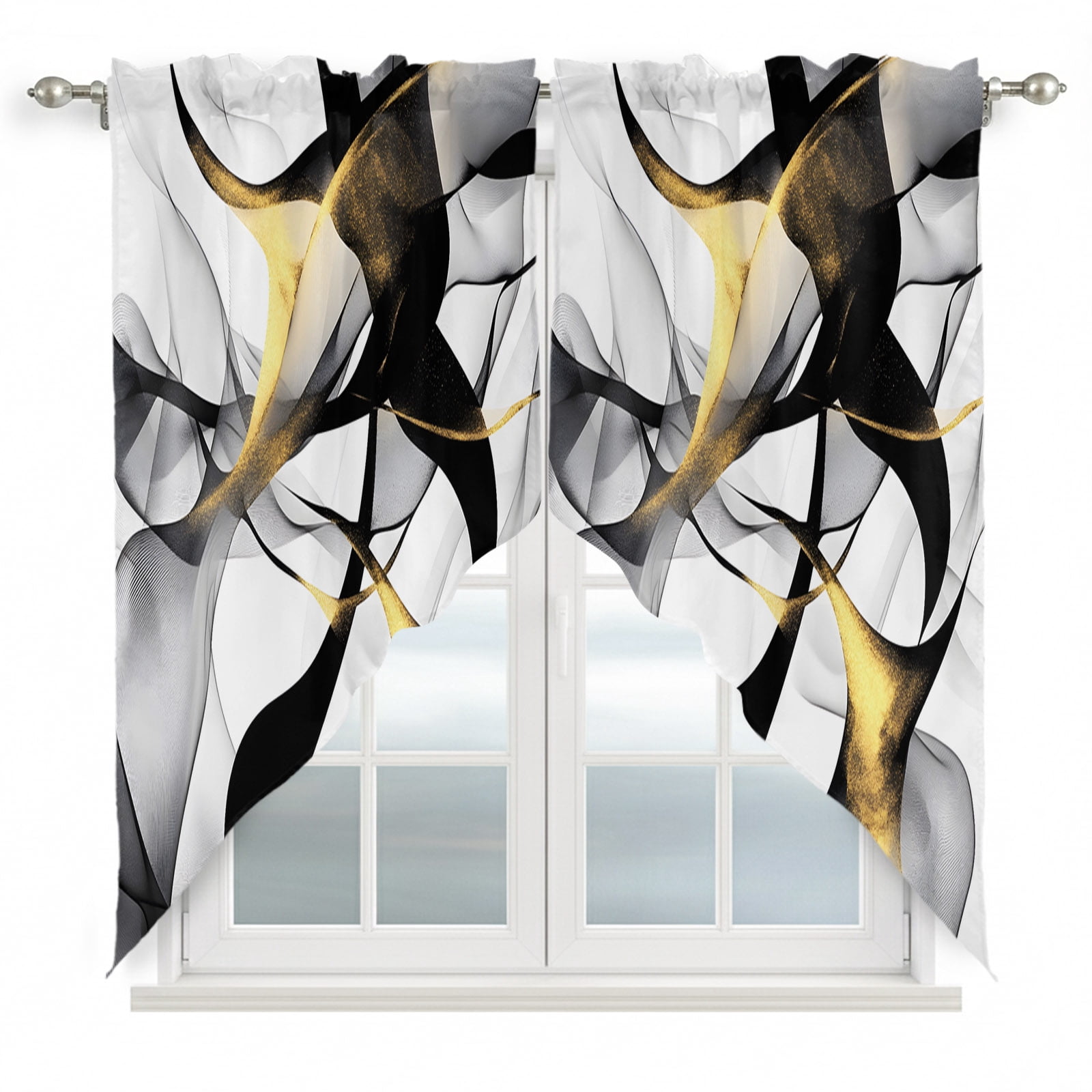 Black Gold Line Swag Curtain Valance for Window 2 Panels Abstract ...
