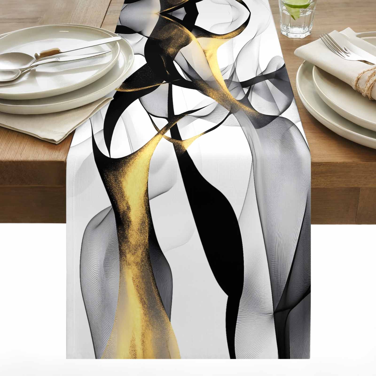 Black Gold Line Table Runner 13x120 inch Abstract Metallic Texture ...