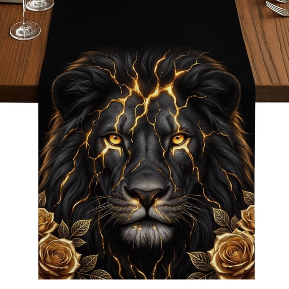 Black Gold Lion Prints Burlap Cotton Table Runner 13x120 Inches Long ...