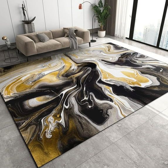 Black Gold Liquid Swirl Area Rugs, Abstract Marble Indoor Non-Slip Rugs ...