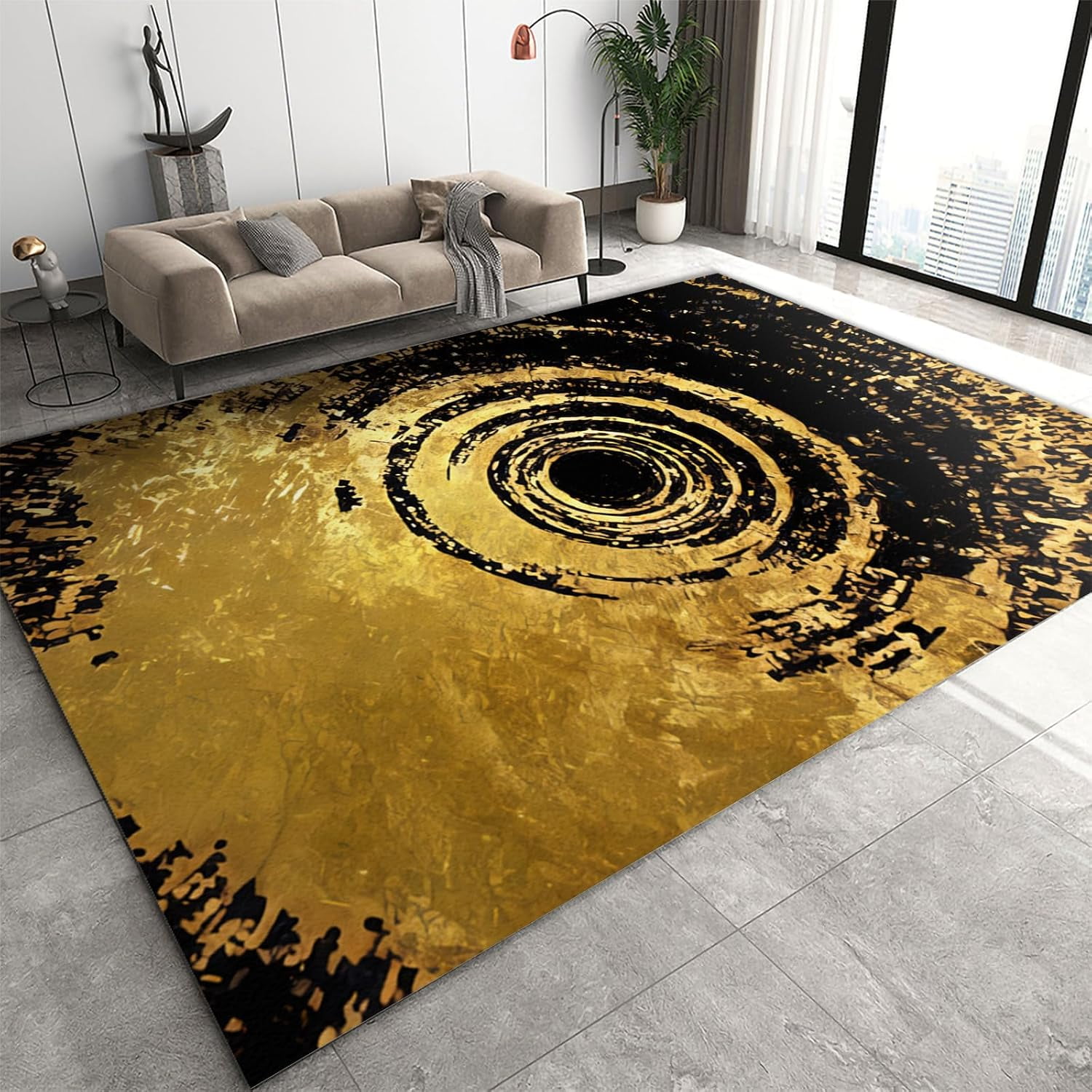 Black Gold Living Room Area Rugs, Retro Circular Geometric Swirl ...