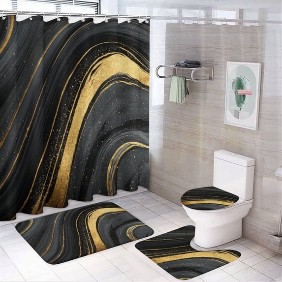 Black And Gold Marble 4 Piece Shower Curtain Sets Non-Slip Rugs And ...