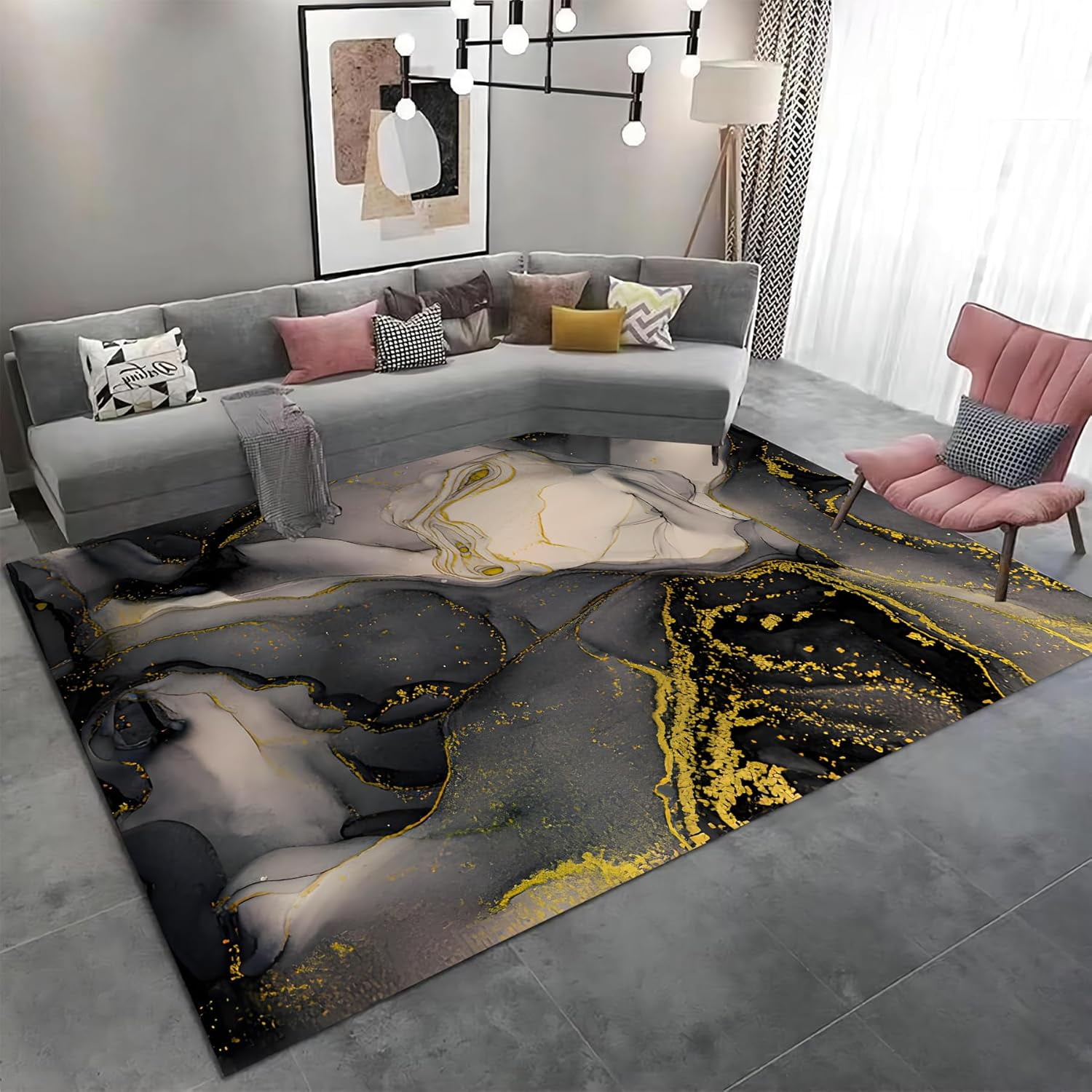 Black Gold Marble Area Rug Abstract Soft Marble Pattern Rug For Bedroom ...