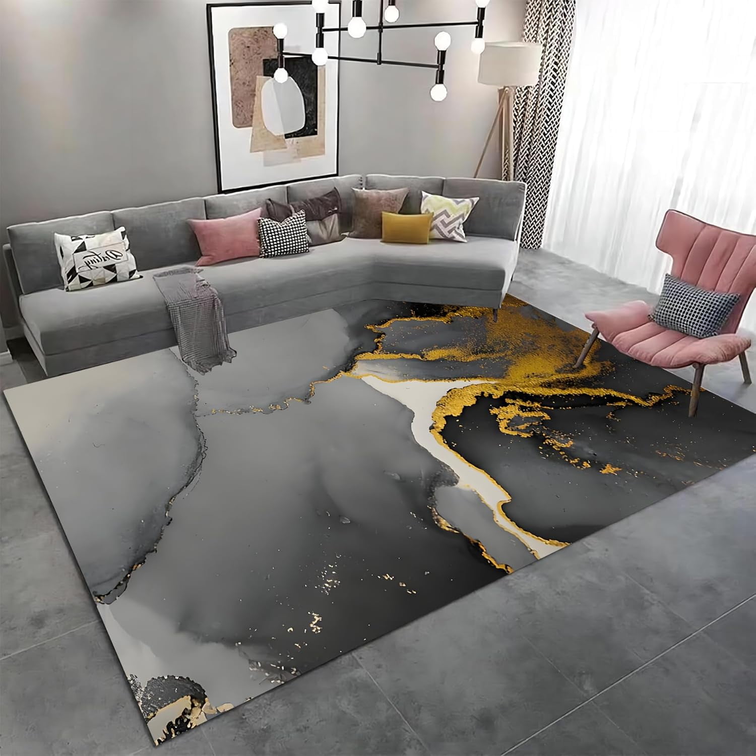 Black Gold Marble Area Rug Abstract Soft Marble Pattern Rug Washable ...