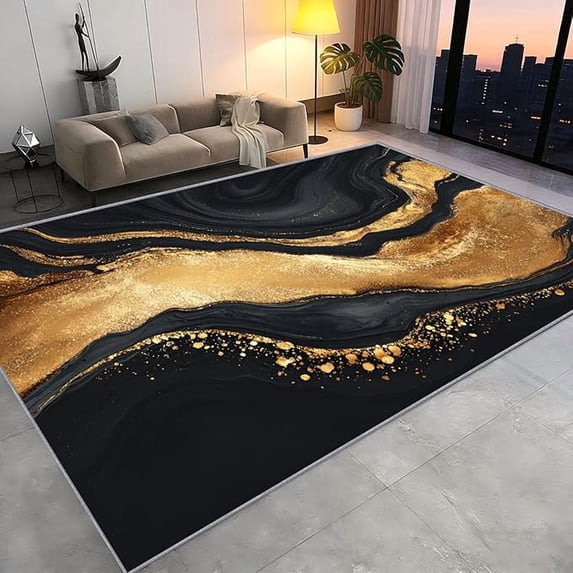 Black Gold Marble Area Rug, Gilded Abstract Marble Rugs, Modern Luxury ...
