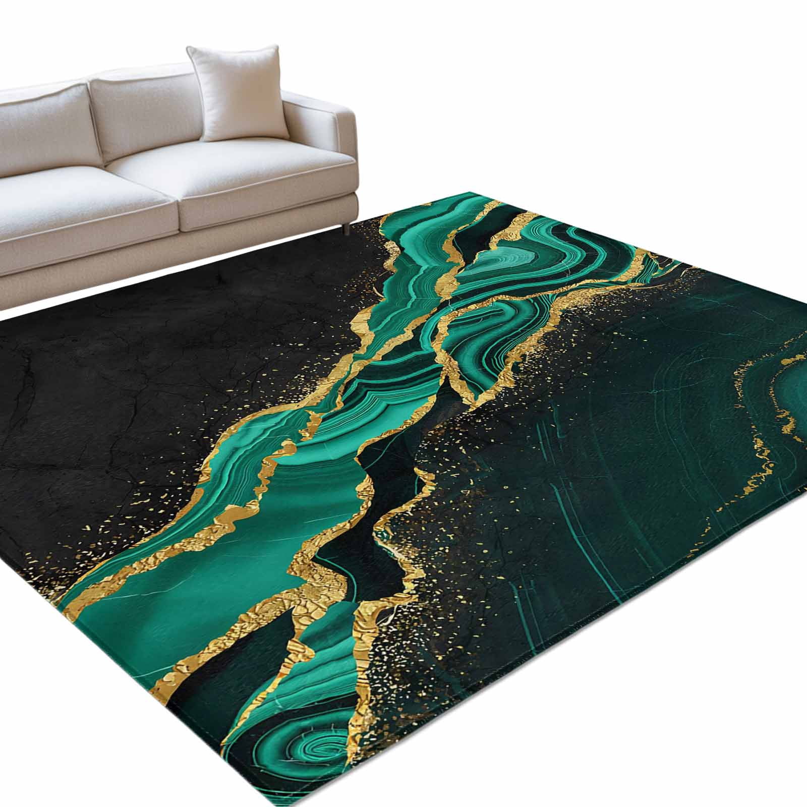 Black Gold Marble Area Rug, Green Luxury Modern Abstract Wave Texture ...
