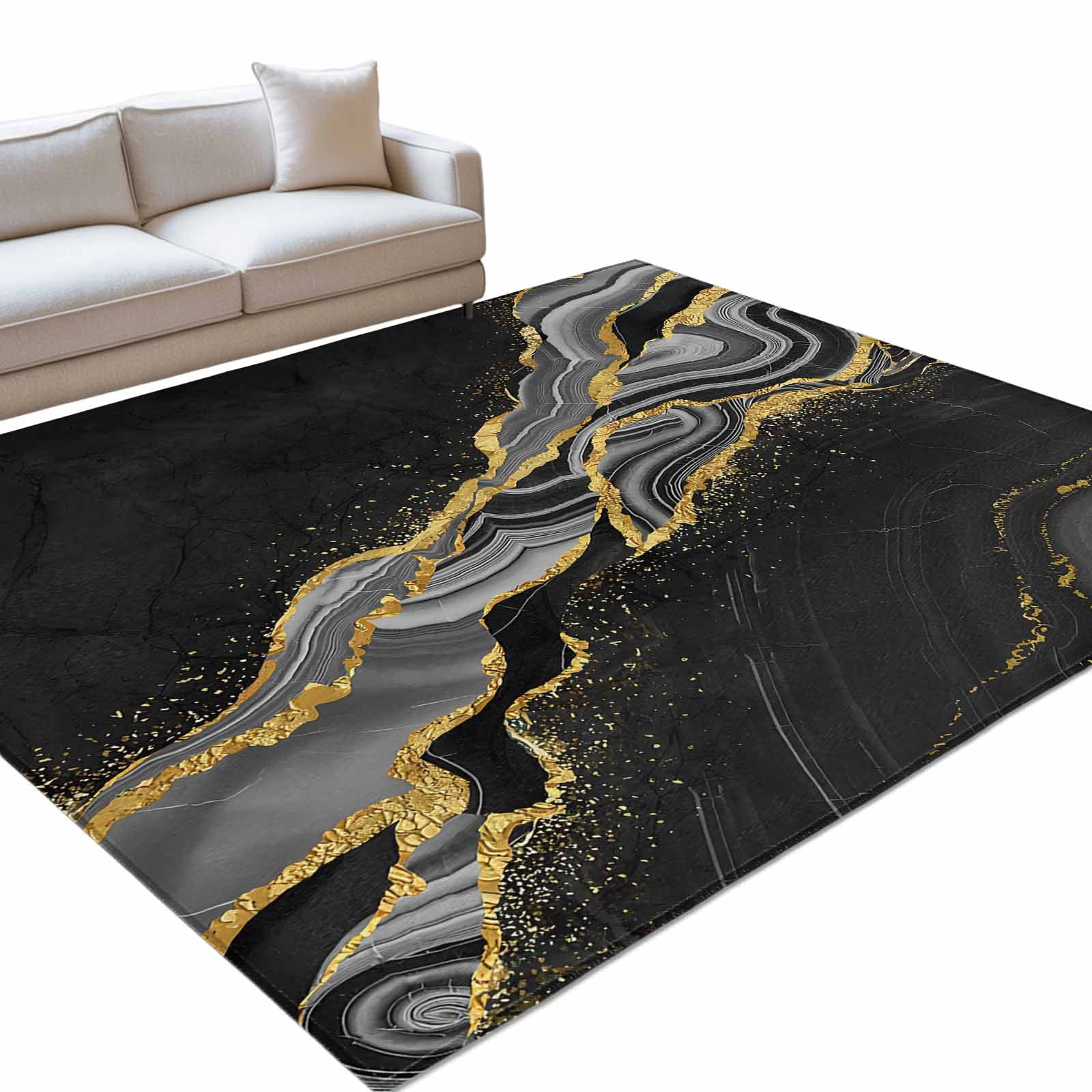 Black Gold Marble Area Rug, Grey Luxury Modern Abstract Wave Texture ...
