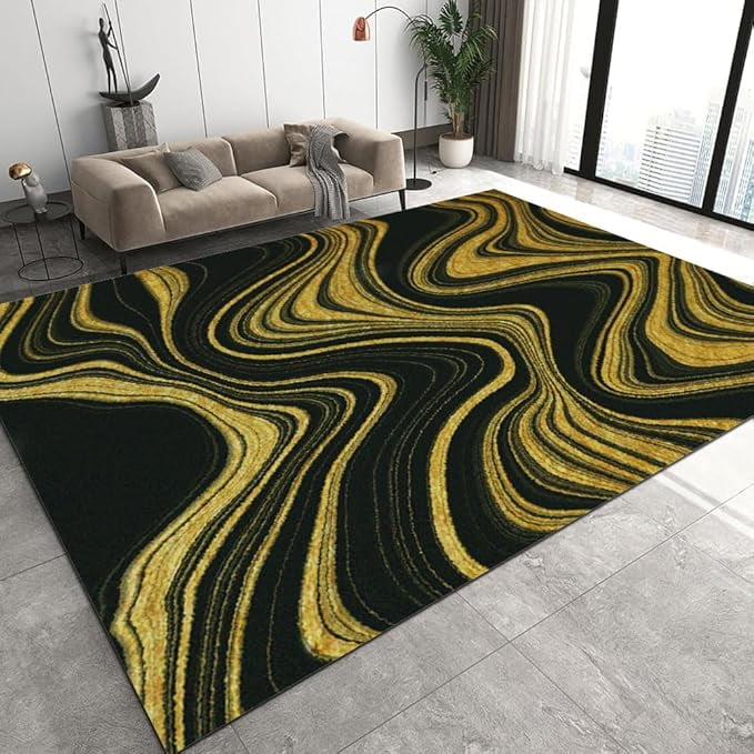 Black Gold Marble Area Rug, Irregular Line Art Living Room Rug, Large ...