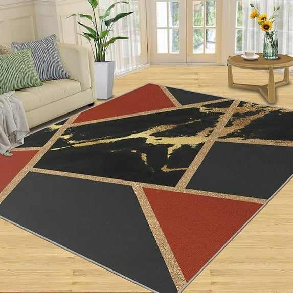 Black Gold Marble Area Rug Modern Abstract Marble Rug Polygonal ...