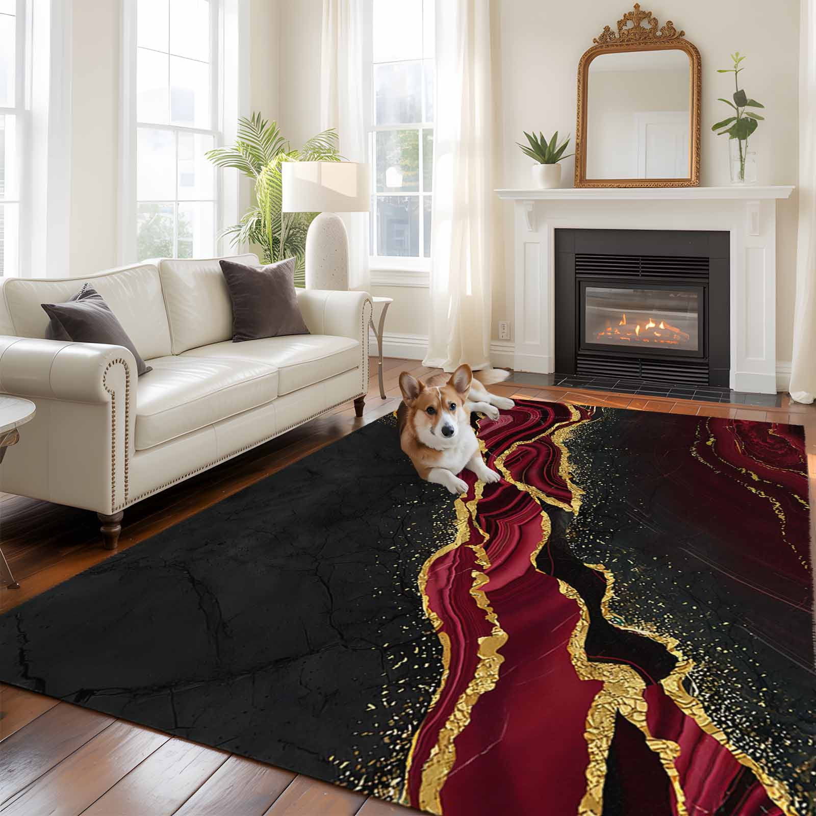 Black Gold Marble Area Rugs 5x7 ft Rose Red Luxury Modern Abstract ...
