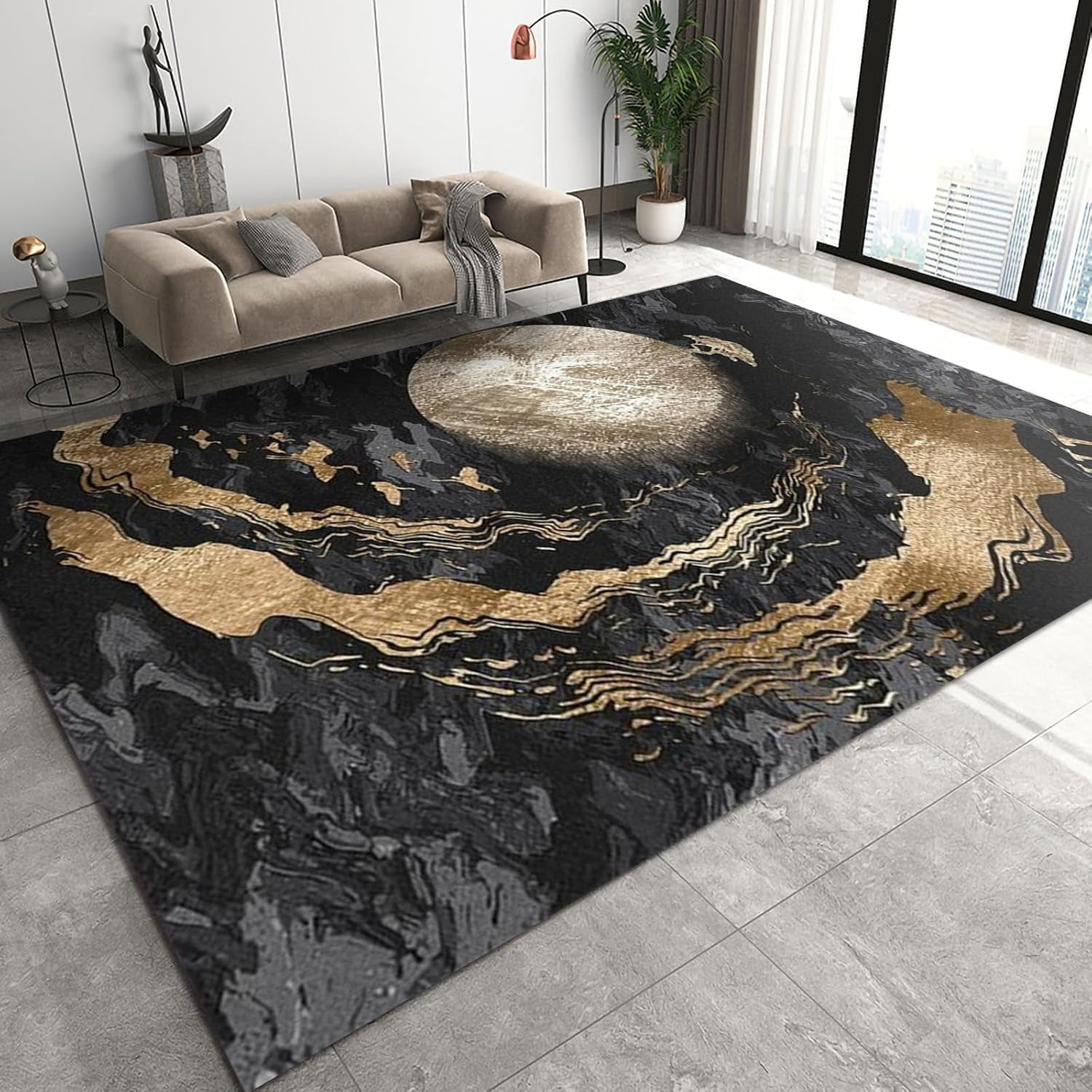 Black Gold Marble Area Rugs, Abstract Hand Drawn Night Moon Landscape ...