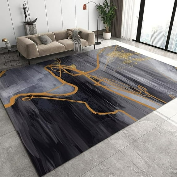 Black Gold Marble Area Rugs, Gold Plated Line Oil Painting Graffiti Non ...