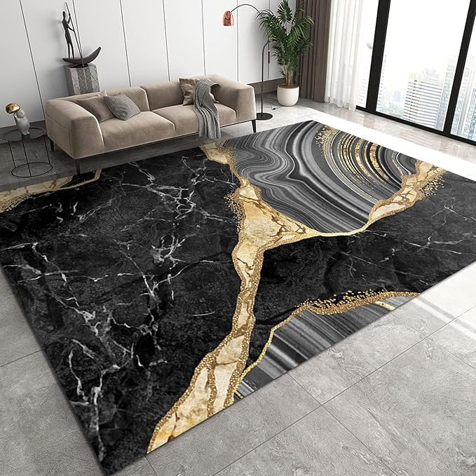 Black Gold Marble Area Rugs, Luxury Gray Gold Fluid Art Washable Rug ...