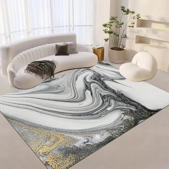 Black Gold Marble Area Rugs, Modern Abstract Art Decorative Rug, Easy ...