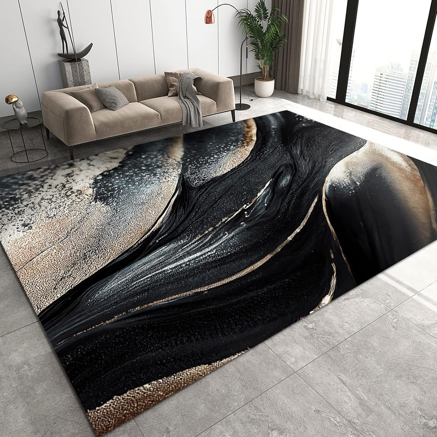 Black Gold Marble Area Rugs, Modern Abstract Fluid Art Living Room ...