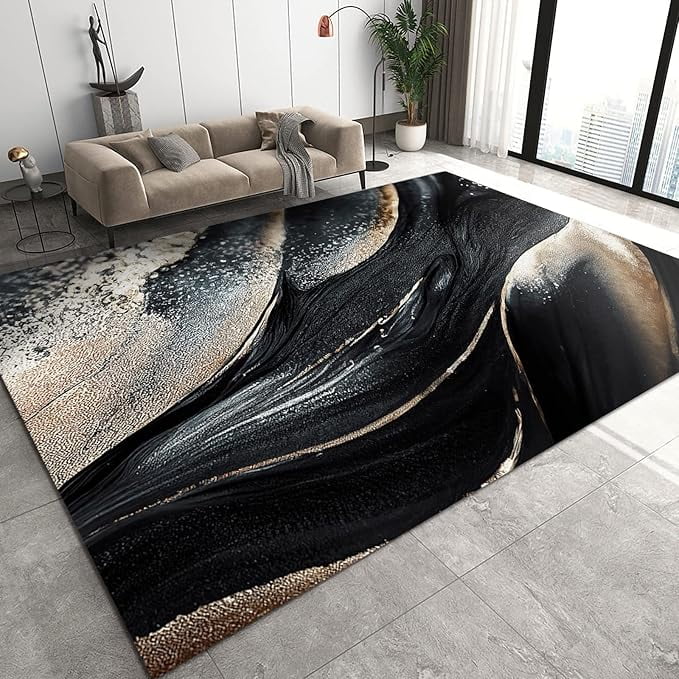 Black Gold Marble Area Rugs, Modern Abstract Fluid Art Living Room ...