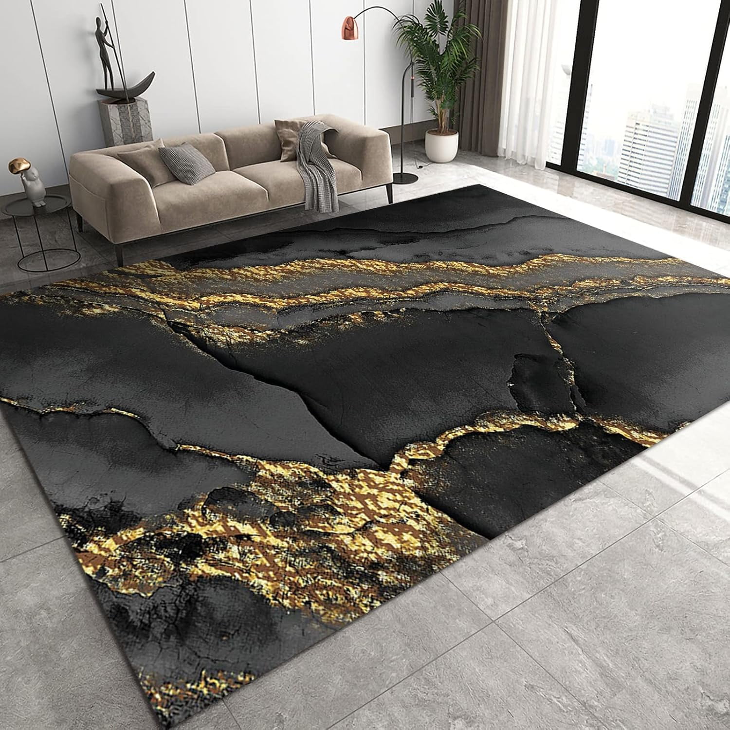 Black Gold Marble Area Rugs, Nordic Art Bathroom Rugs,Shock Absorption ...