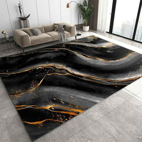 Black Gold Marble Art Area Rugs, Black And Gold Lines Indoor Non-Slip ...