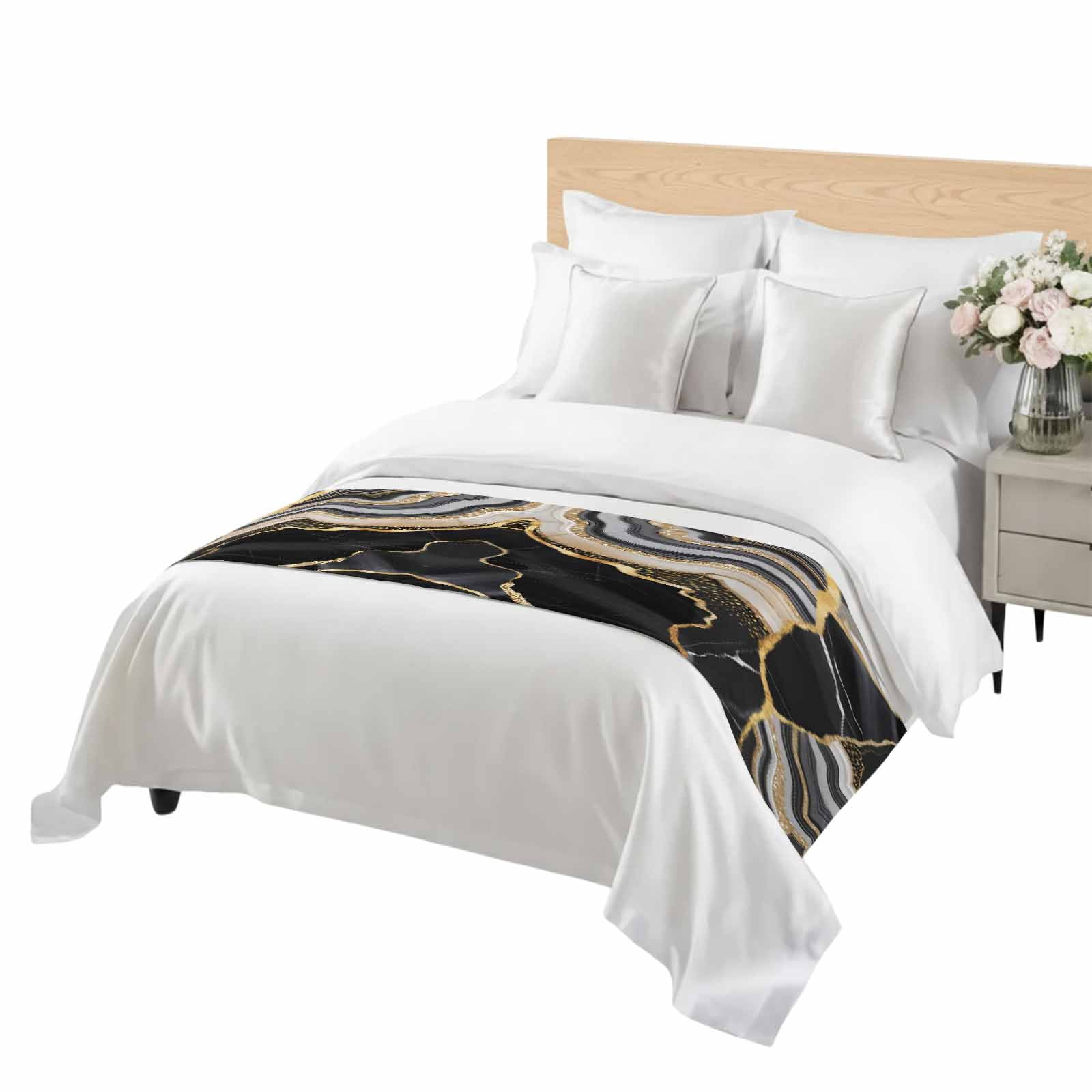 Black Gold Marble Bed Runner Queen Size Glitter Geometric Marble Foil ...
