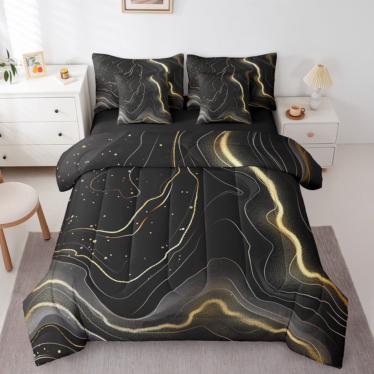 Black and Gold Marble Bedding King Size 7pcs Contemporary Watercolor Comforter Set, Abstract ...