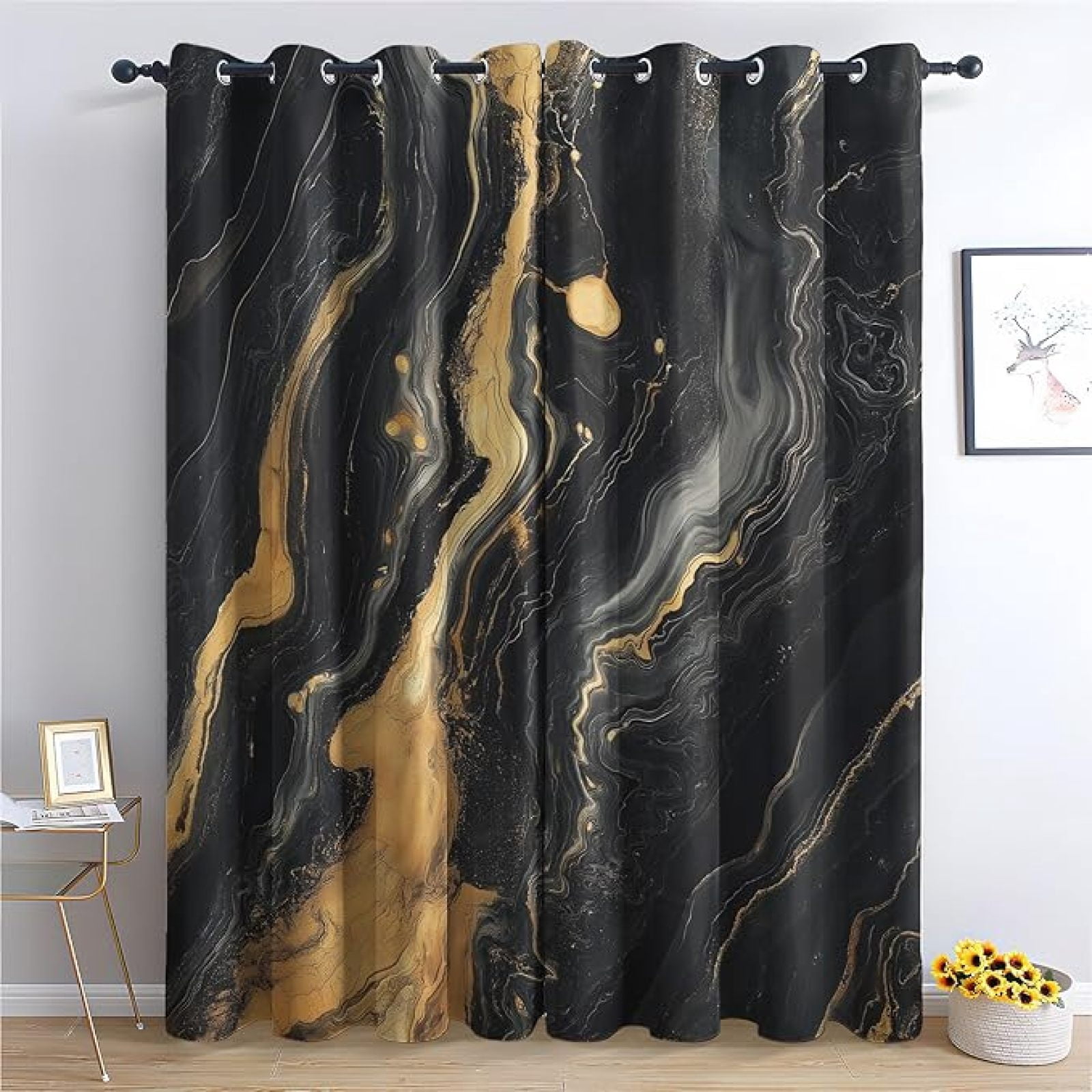 Black Gold Marble Blackout Curtains for Bedroom Living Room, Quicksand ...