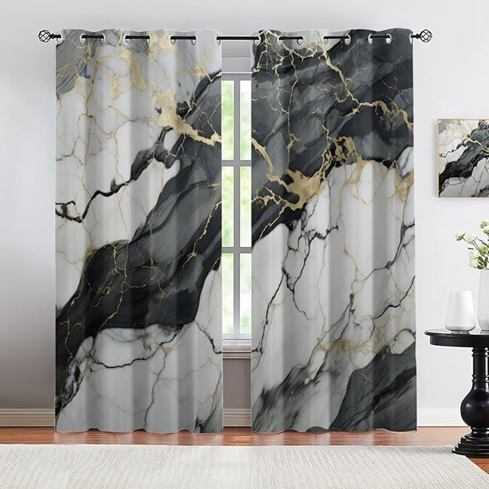 Black Gold Marble Blackout Curtains For Bedroom, Modern Fashion Cracks ...