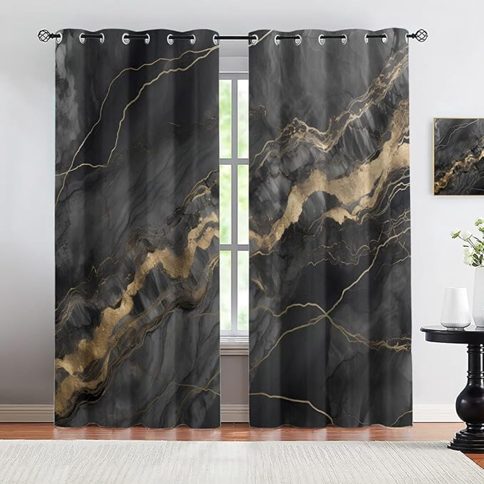 Black Gold Marble Blackout Curtains For Bedroom, Modern Gradient Art ...