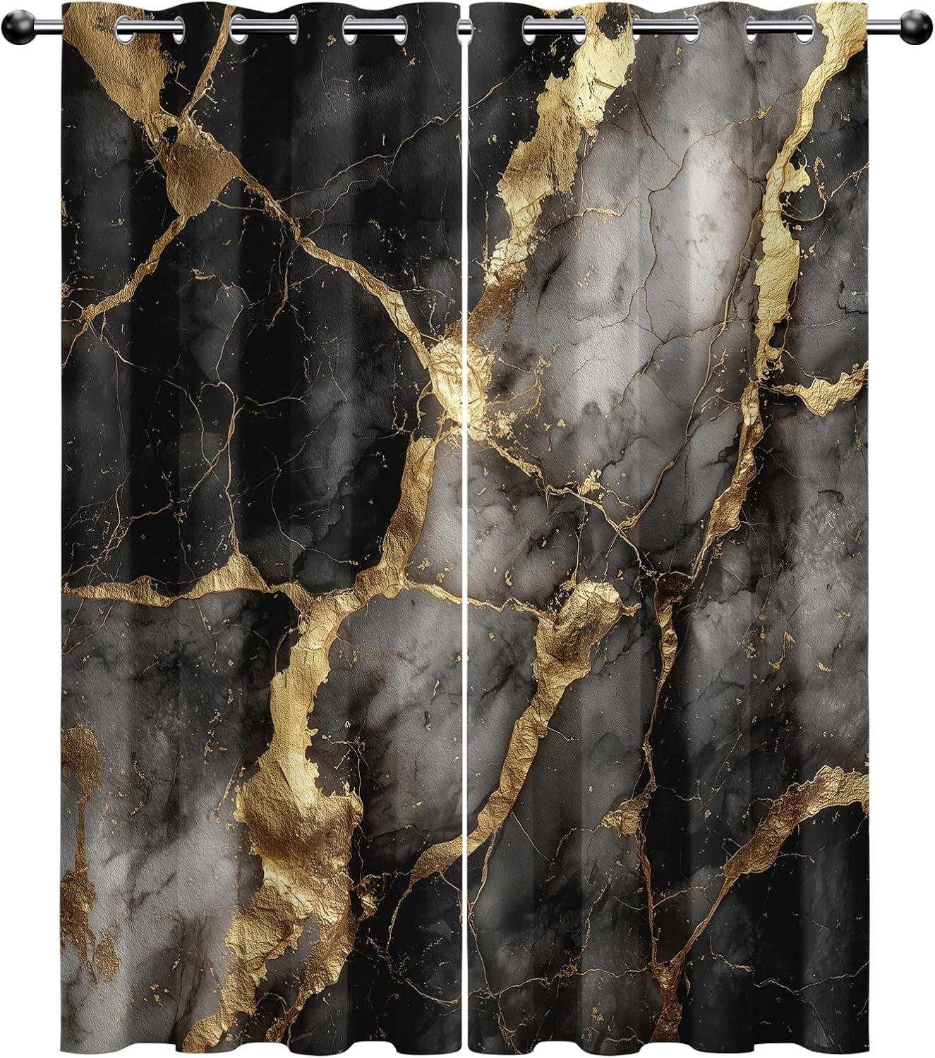 Black Gold Marble Blackout Curtains, Luxury Abstract Window Drapes for ...