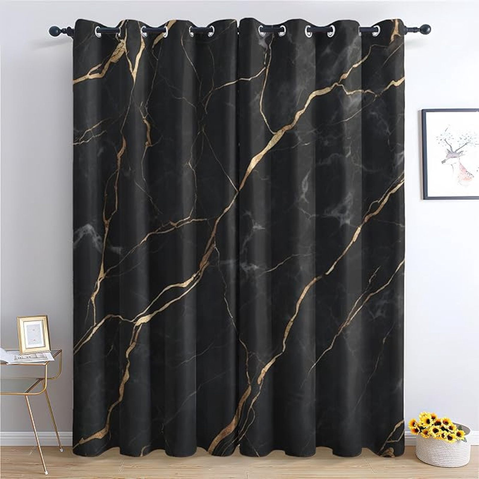 Black Gold Marble Blackout Curtains, Marble Texture Curtains for ...