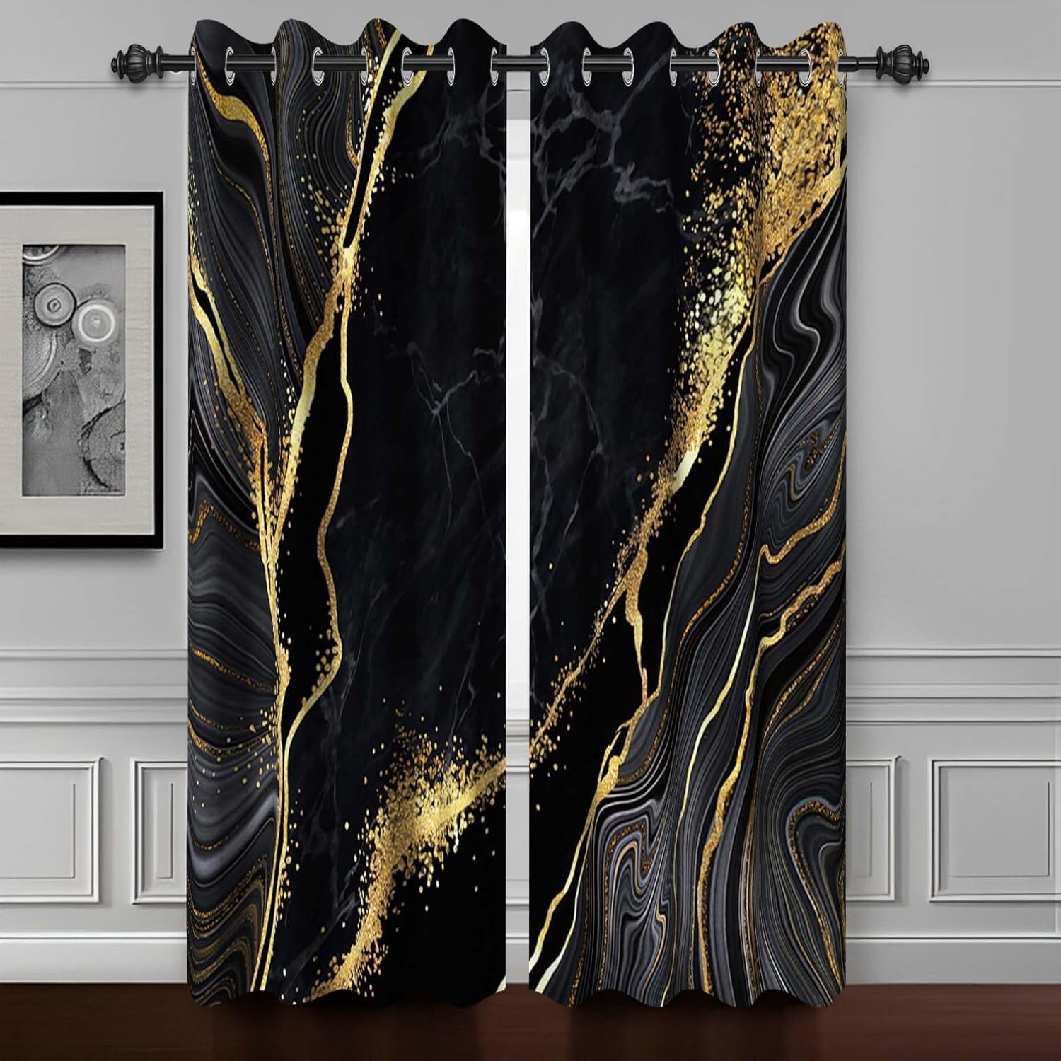 Black Gold Marble Blackout Curtains, Modern Fluid Art Gold Texture ...