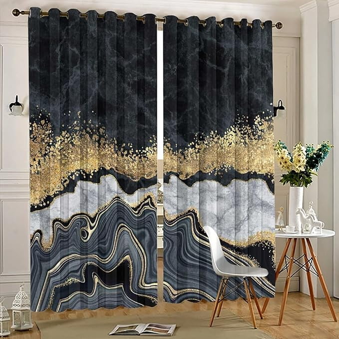 Black And Gold Marble Blackout Window Curtain, Ink Painting Style 3D ...