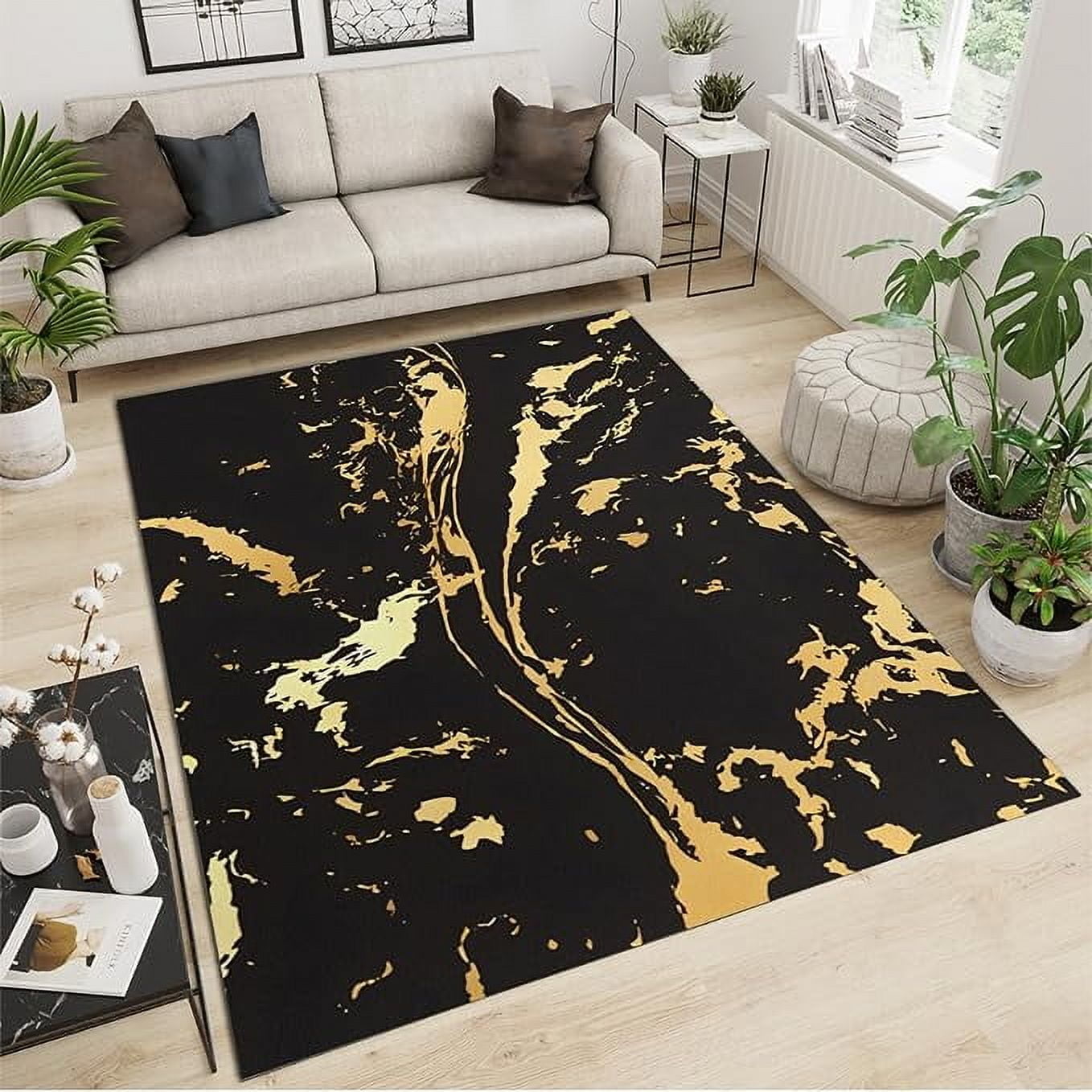 Black Gold Marble Cracks Area Rug, Luxury Gold Foil Geometric Texture ...