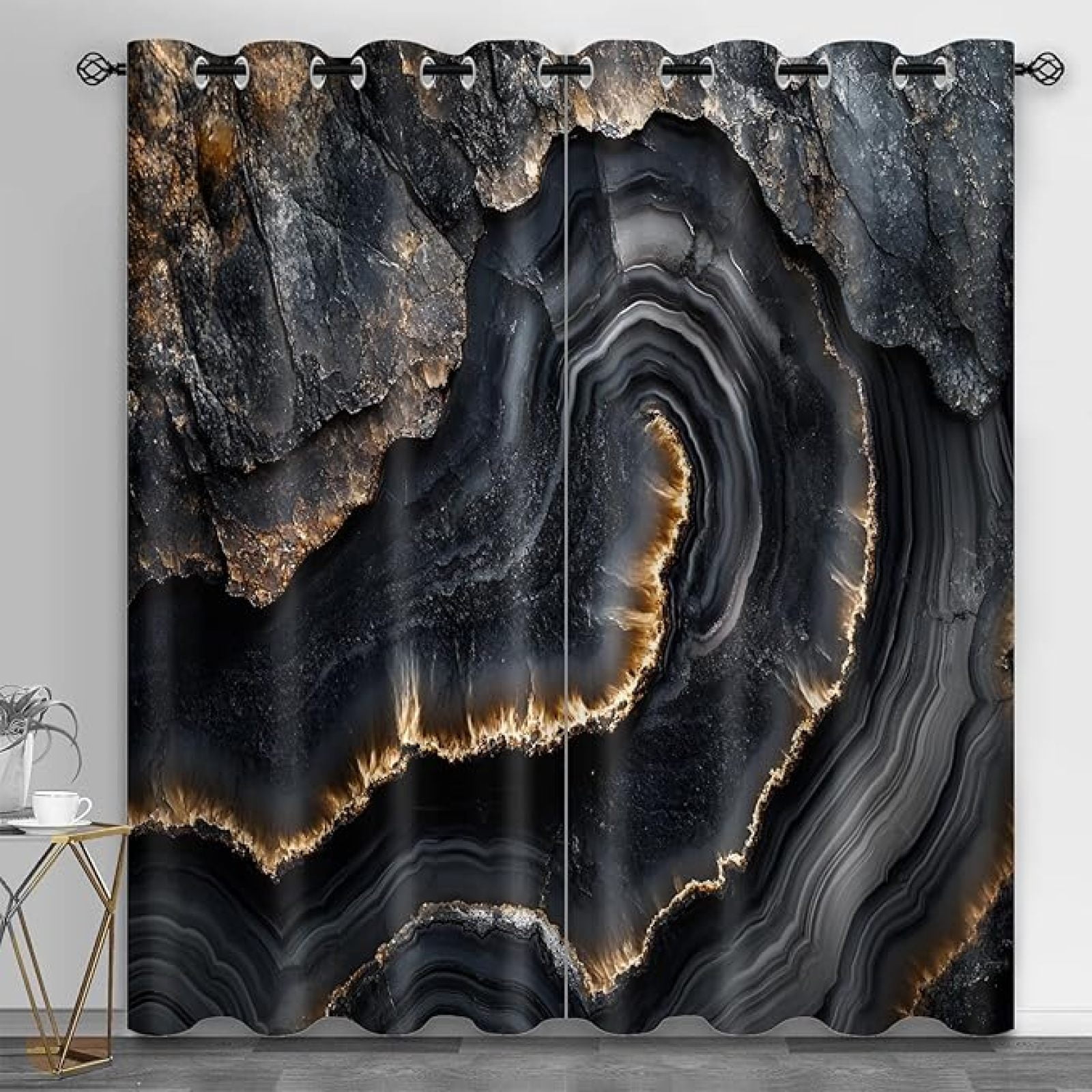 Black Gold Marble Curtain For Living Room, Gold Texture Blackout ...