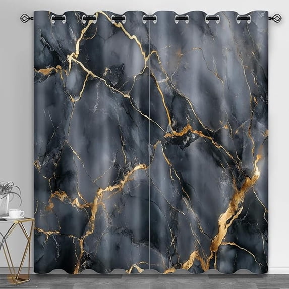 Black Gold Marble Curtain For Living Room, Gold Texture Blackout ...