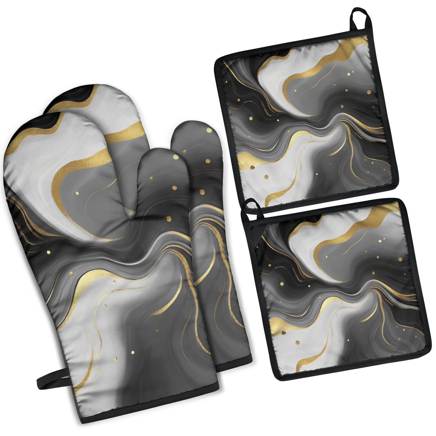 Black and Gold Marble Glitter Splashes Pattern Kitchen Oven Mitt and ...