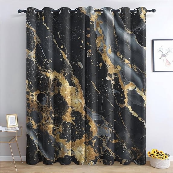 Black Gold Marble Kitchen Curtains, Abstract Gold Foil Blackout ...
