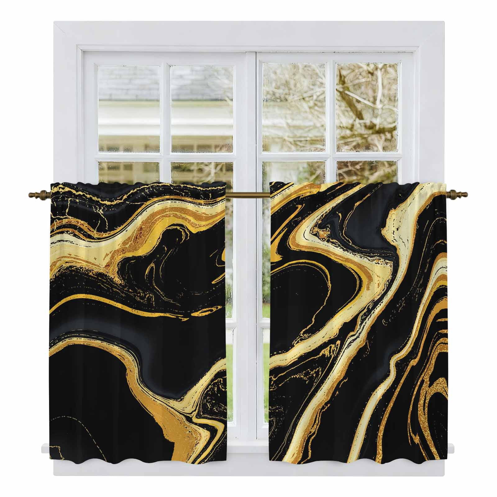 Black Gold Marble Kitchen Curtains, Modern Geometric Textured Light ...