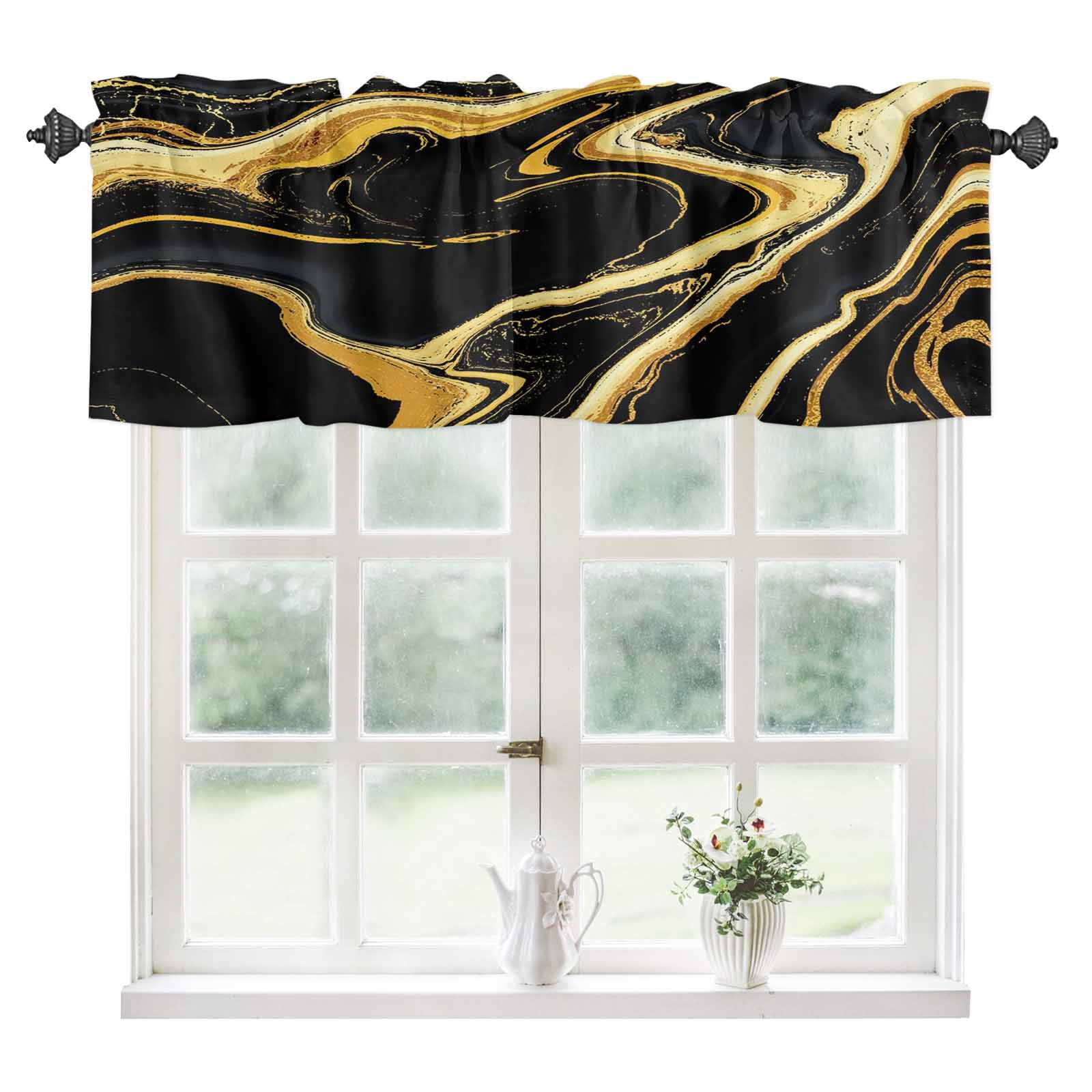 Black Gold Marble Kitchen Valances for Windows 42x12 Inch Kitchen ...