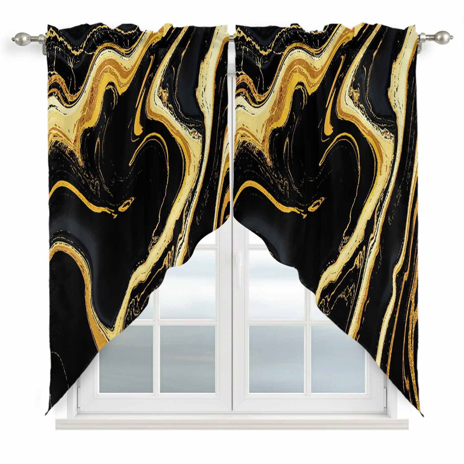 Black Gold Marble Kitchen Window Curtains, Swag Curtains Valance for ...