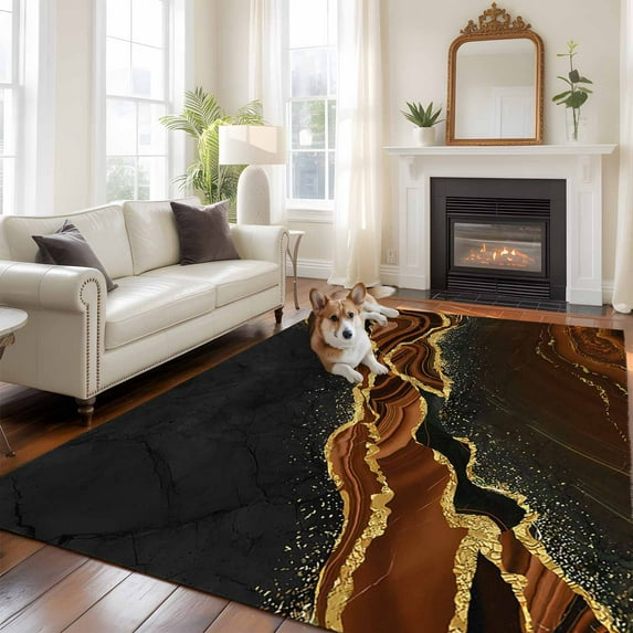 Black Gold Marble Large Area Rugs 5x8 ft Brown Luxury Modern Abstract ...