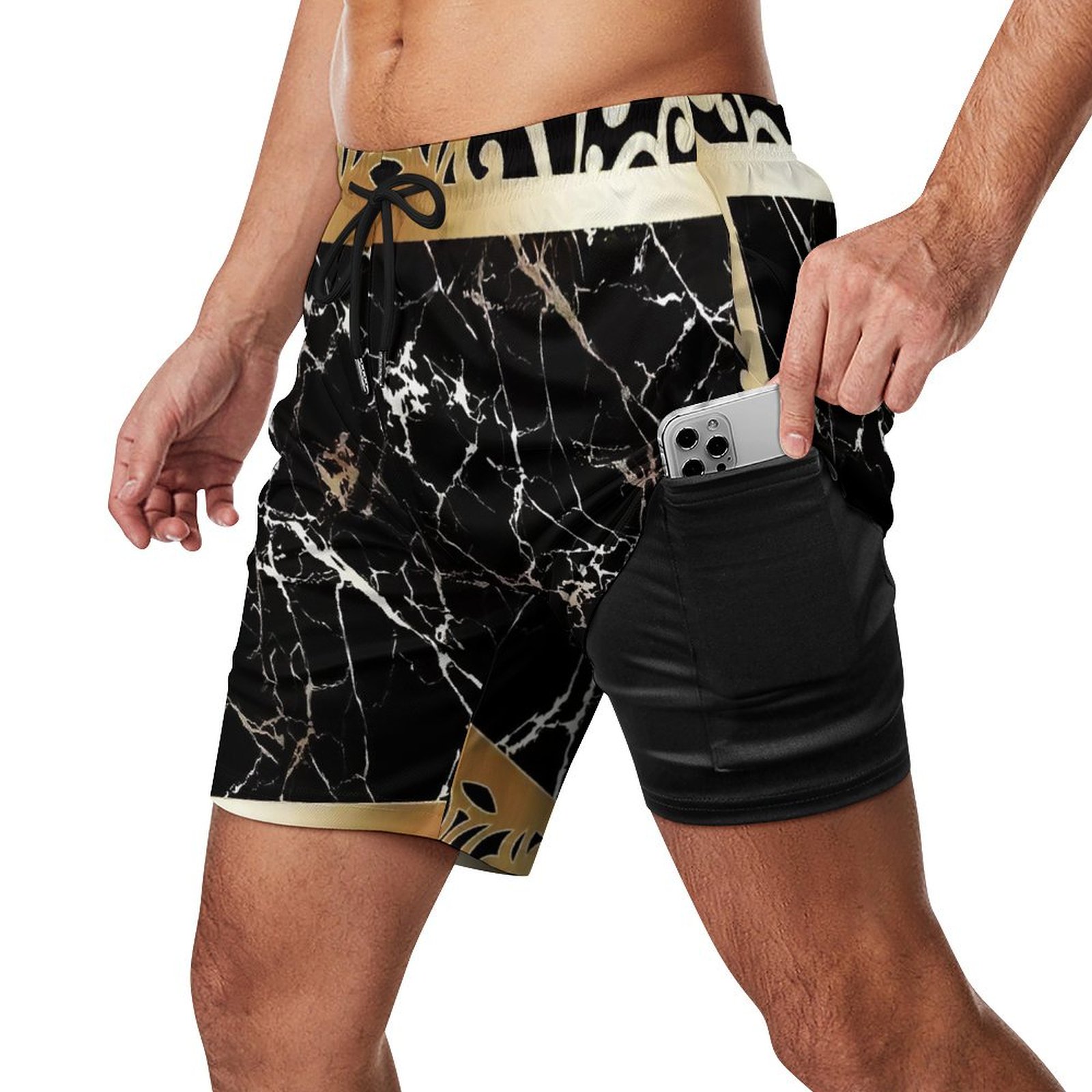 Black Gold Marble Pattern Quick Dry Swimming Shorts For Men Swimwear ...