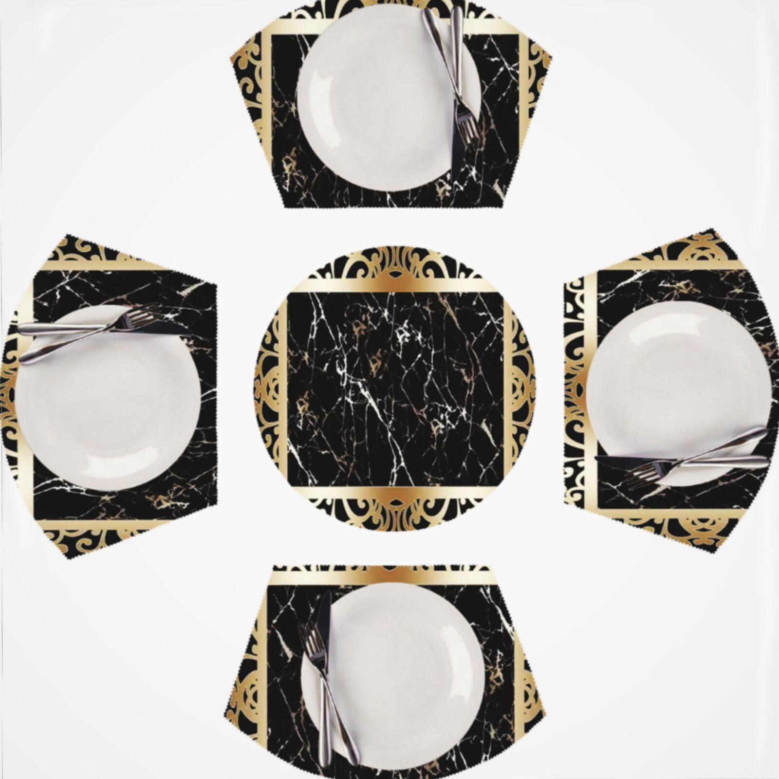 Black Gold Marble Pattern Round Table Placemats Set Of 5 Wedge Table ...
