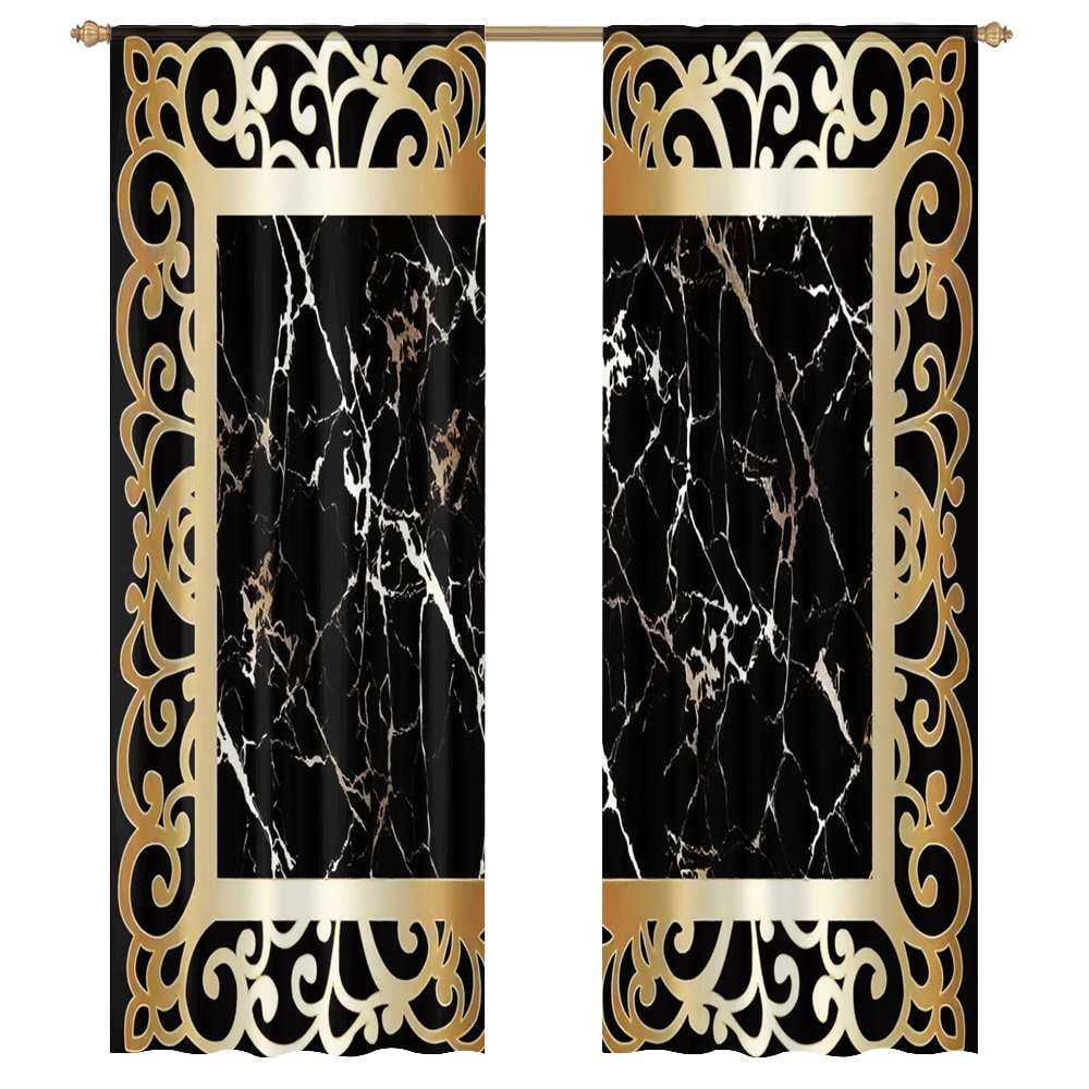 Black Gold Marble Pattern Sheer Window Curtains for Living Room Kitchen ...