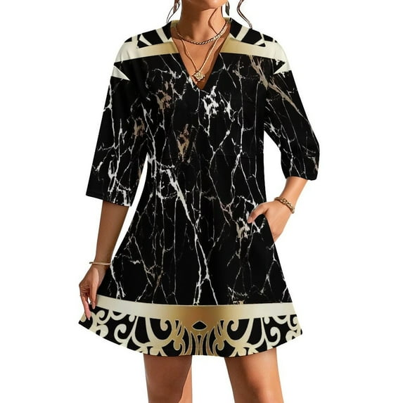 Black Gold Marble Pattern Womens Dress With Pockets Summer V Neck 3/4 ...