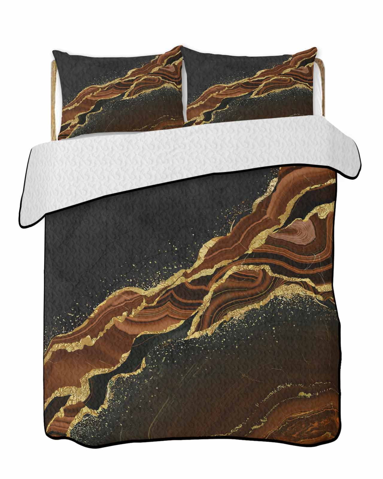 Black Gold Marble Quilts Bedding Set Queen Size Brown Luxury Modern ...