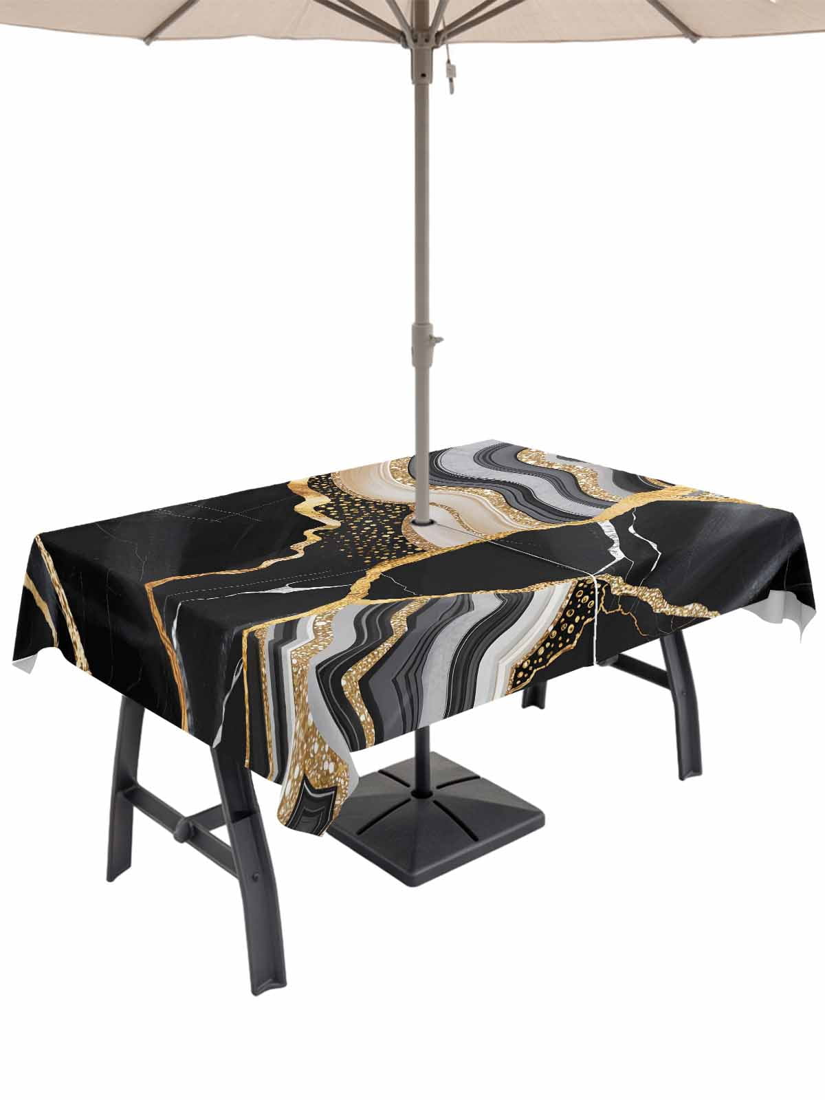 Black Gold Marble Rectangle Outdoor Tablecloth with Umbrella Hole ...