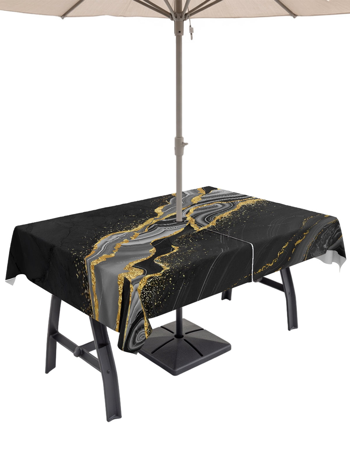 Black Gold Marble Rectangle Outdoor Tablecloth with Umbrella Hole Grey ...
